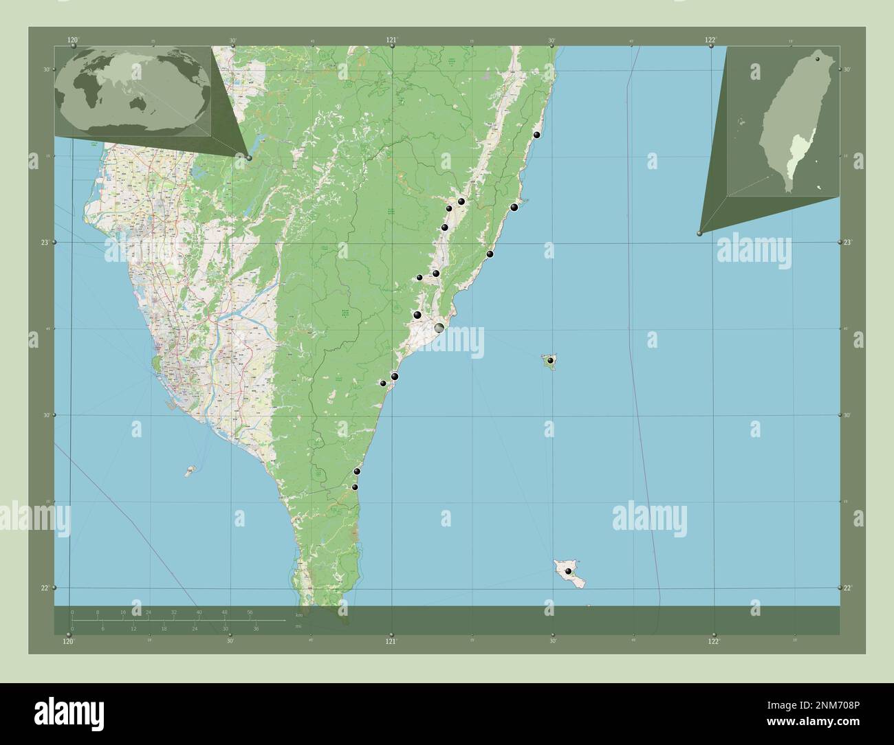 Taitung, county of Taiwan. Open Street Map. Locations of major cities ...