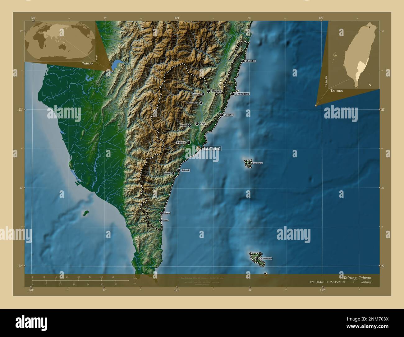 Taitung, county of Taiwan. Colored elevation map with lakes and rivers ...