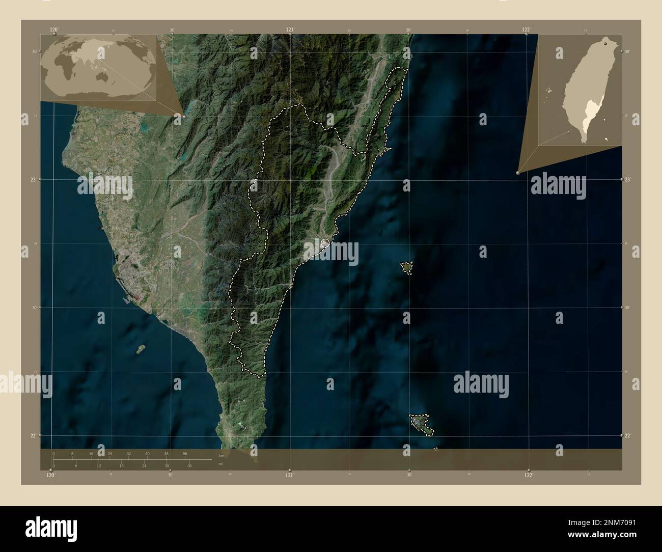 Taitung, county of Taiwan. High resolution satellite map. Corner ...