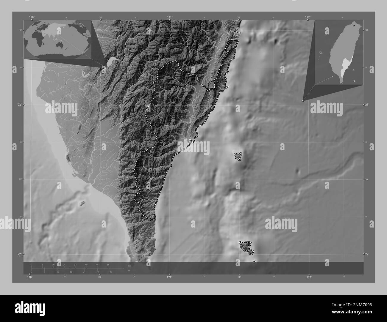 Taitung, county of Taiwan. Grayscale elevation map with lakes and ...