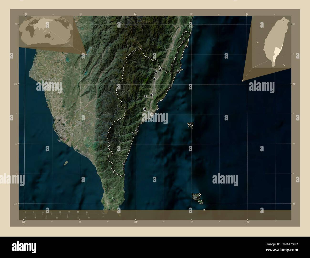 Taitung, county of Taiwan. High resolution satellite map. Locations of ...