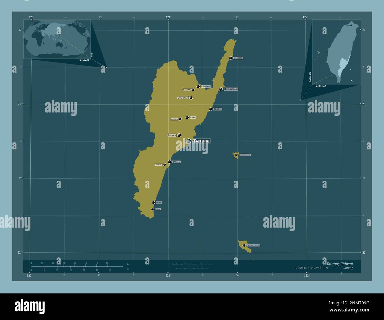 Taitung, county of Taiwan. Solid color shape. Locations and names of ...