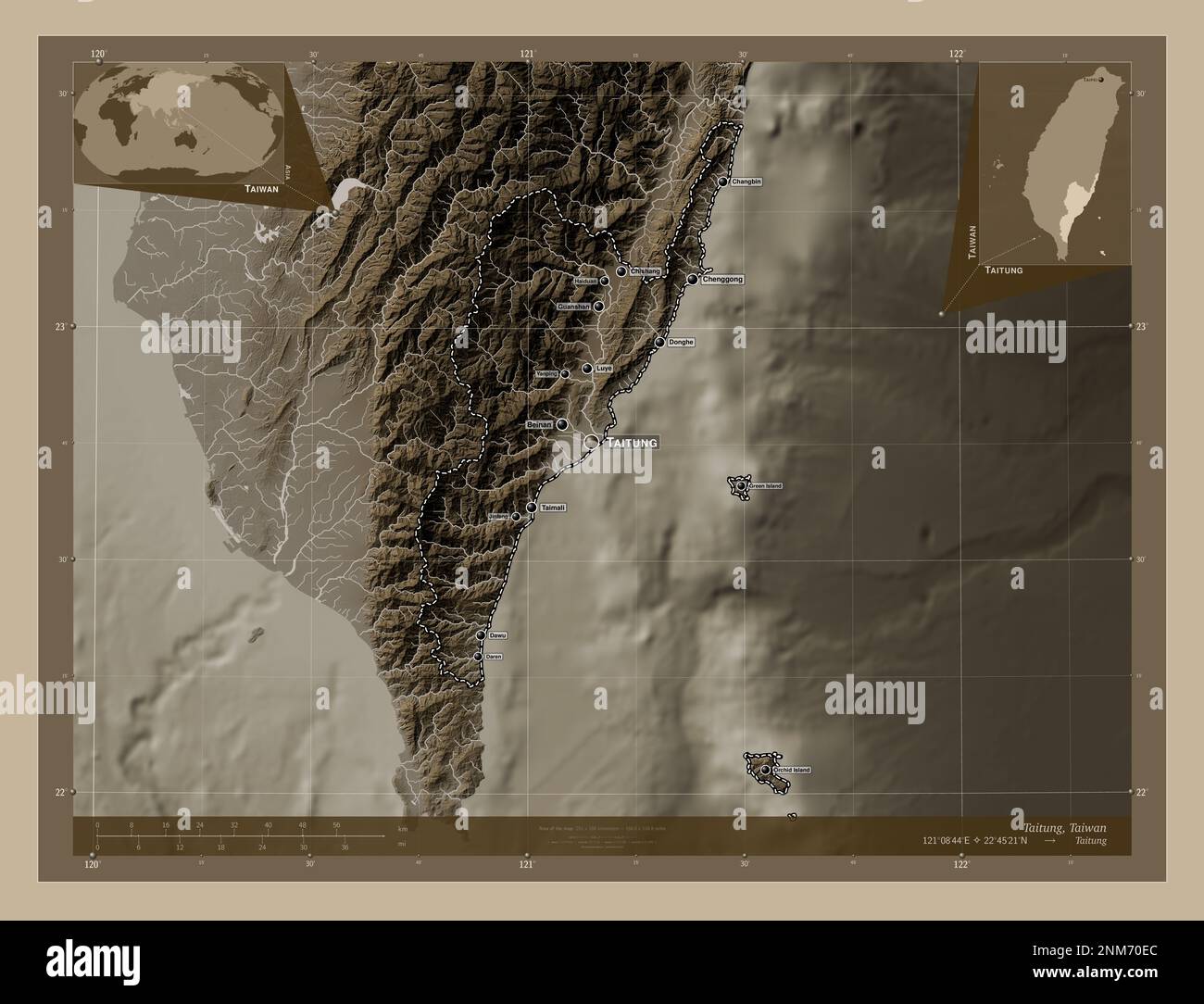 Taitung, county of Taiwan. Elevation map colored in sepia tones with ...