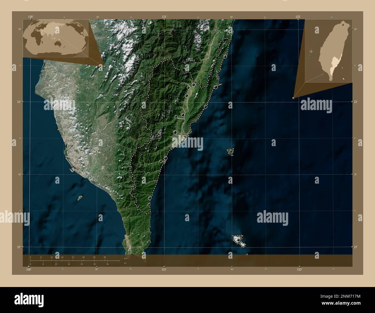 Taitung, county of Taiwan. Low resolution satellite map. Locations of ...