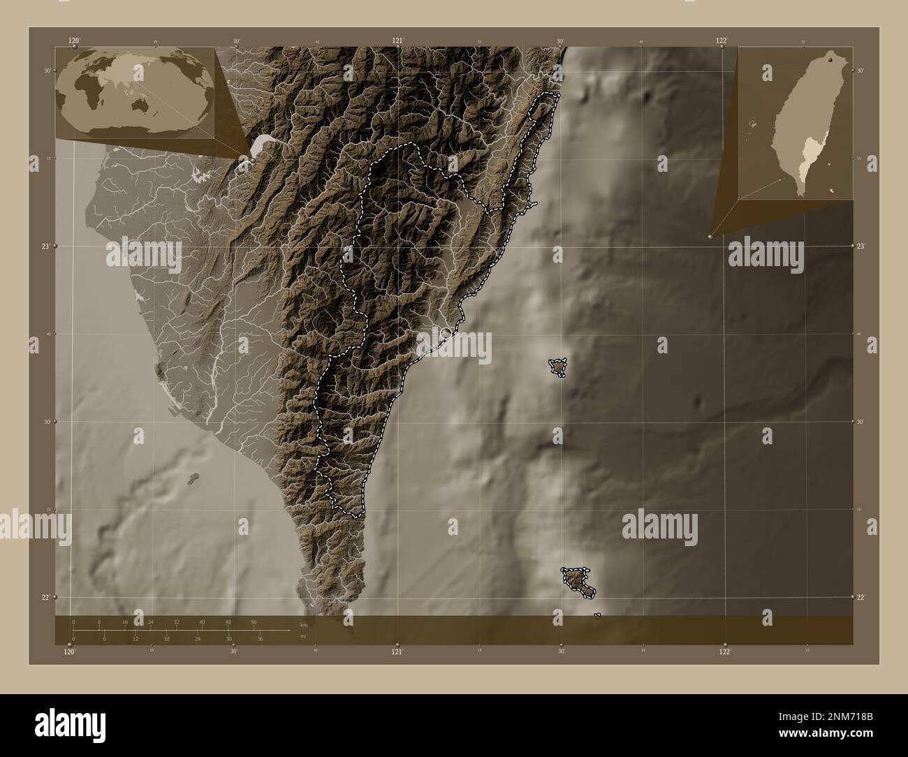 Taitung, county of Taiwan. Elevation map colored in sepia tones with ...