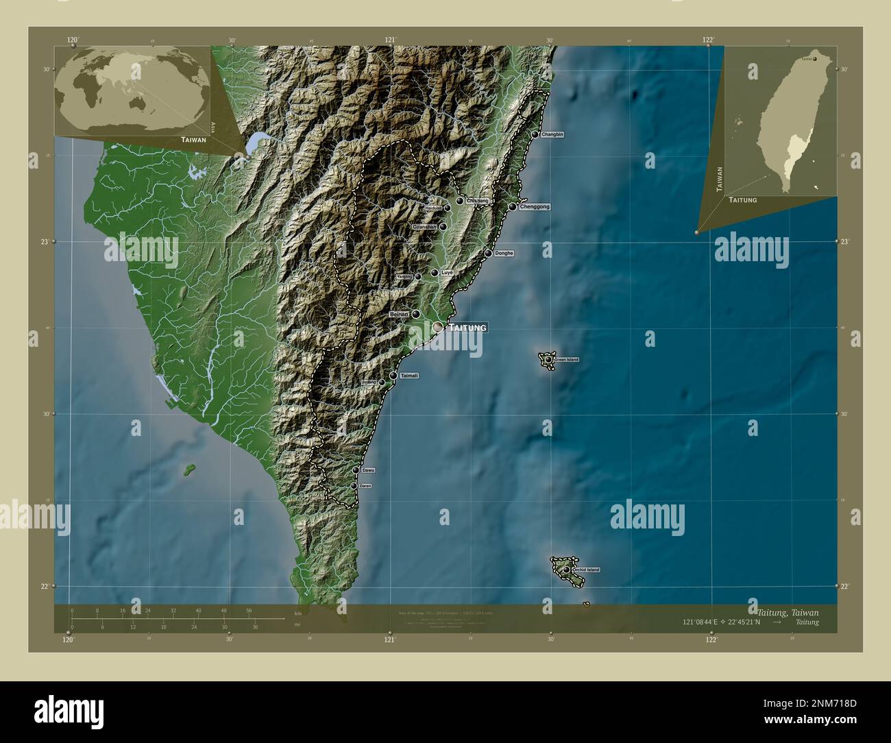 Taitung, county of Taiwan. Elevation map colored in wiki style with ...