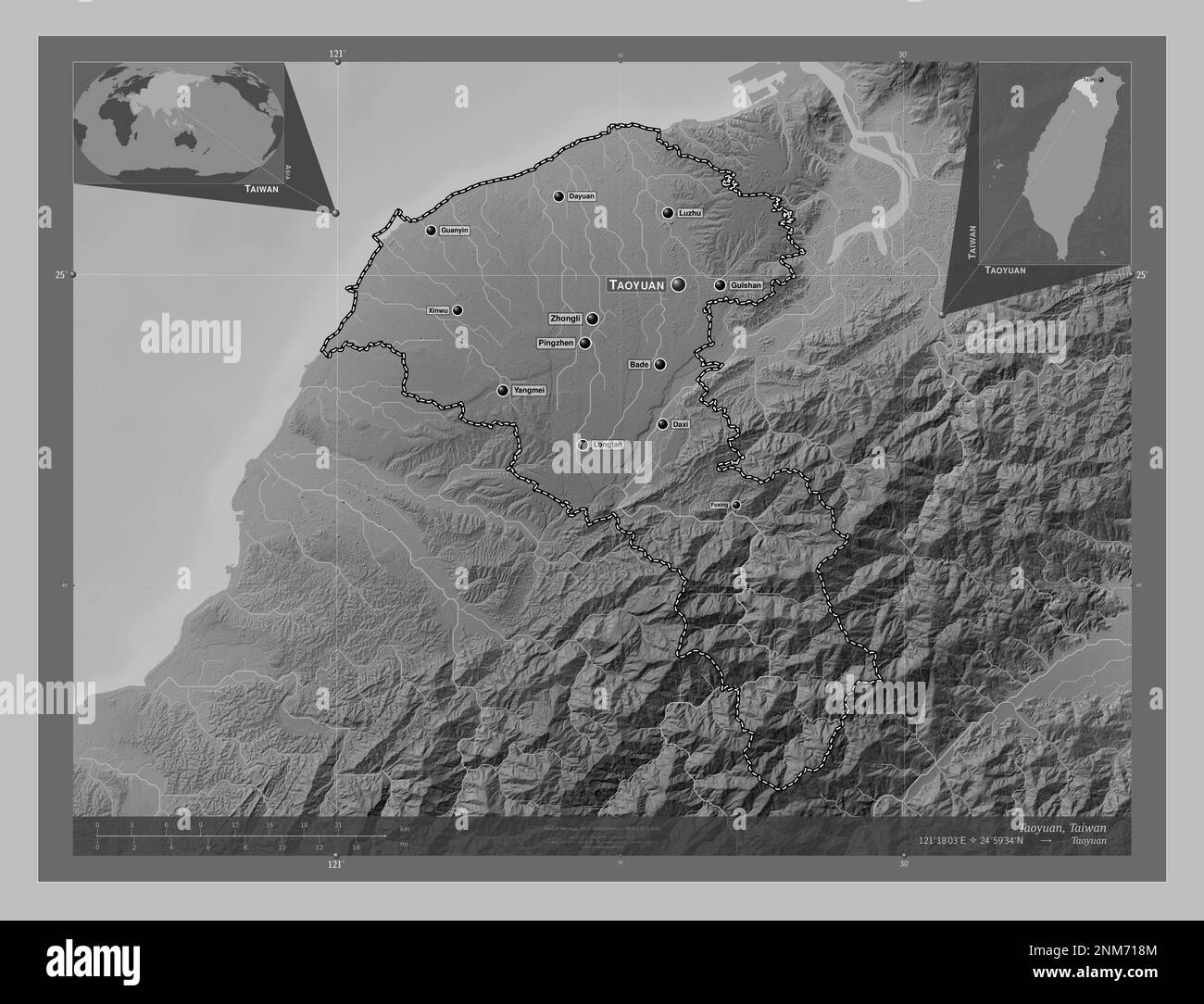 Taoyuan, special municipality of Taiwan. Grayscale elevation map with ...