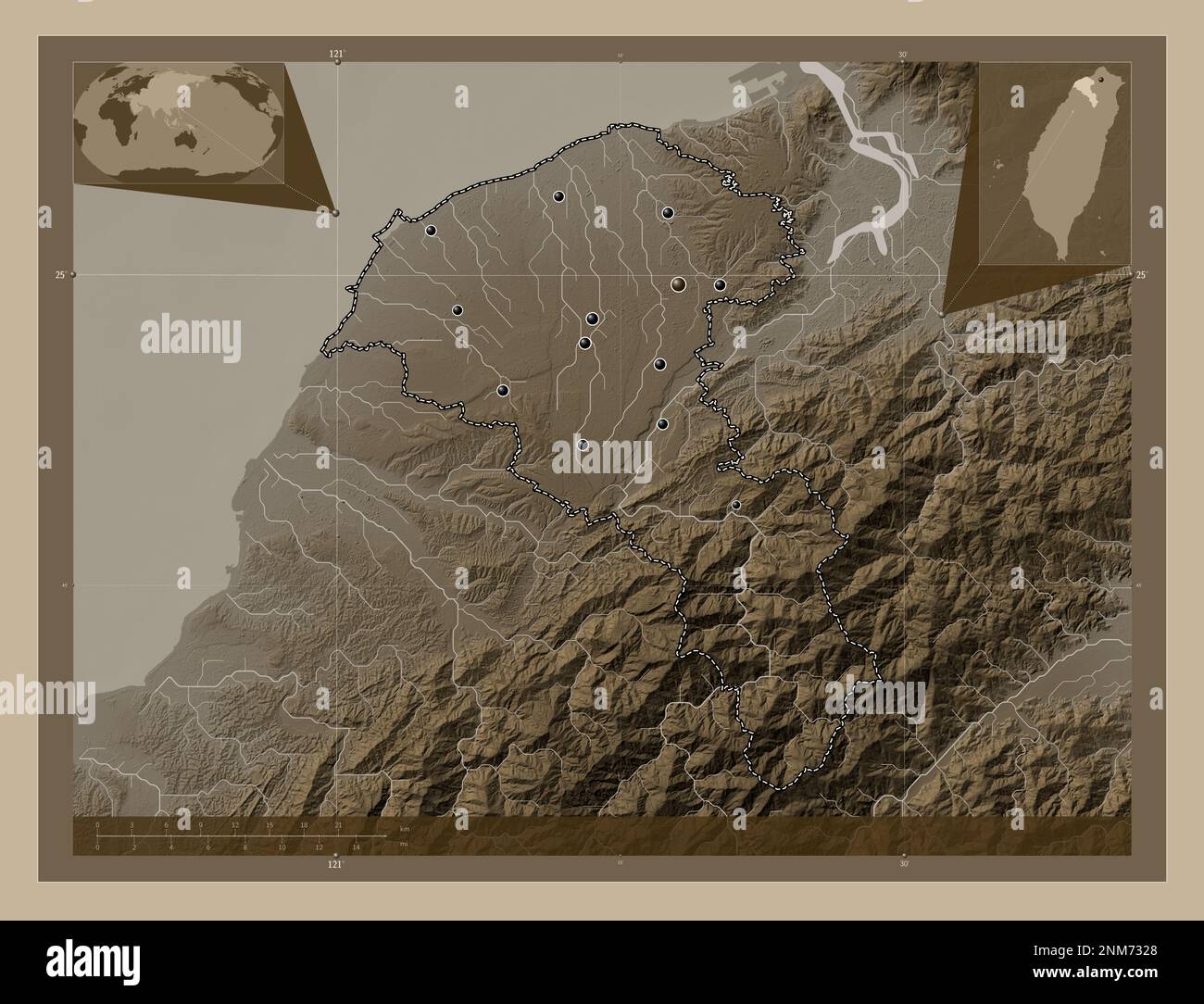 Taoyuan, special municipality of Taiwan. Elevation map colored in sepia ...