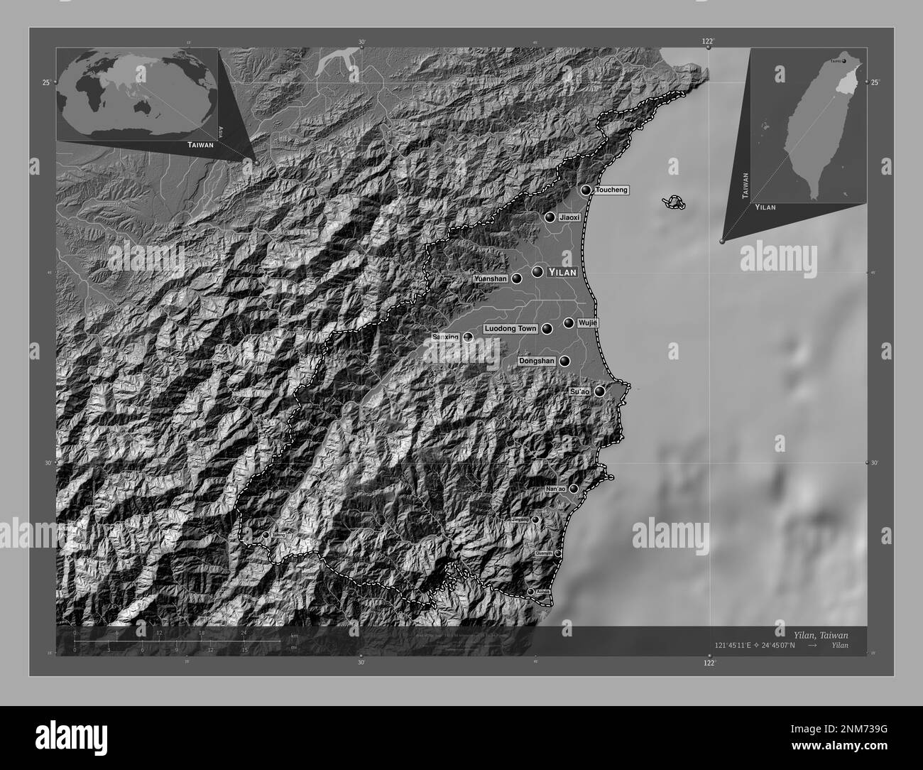 Yilan, county of Taiwan. Bilevel elevation map with lakes and rivers ...