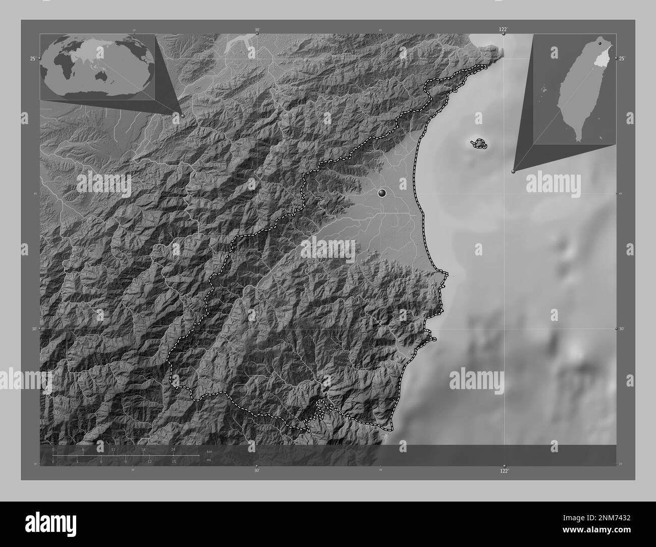 Yilan, county of Taiwan. Grayscale elevation map with lakes and rivers ...