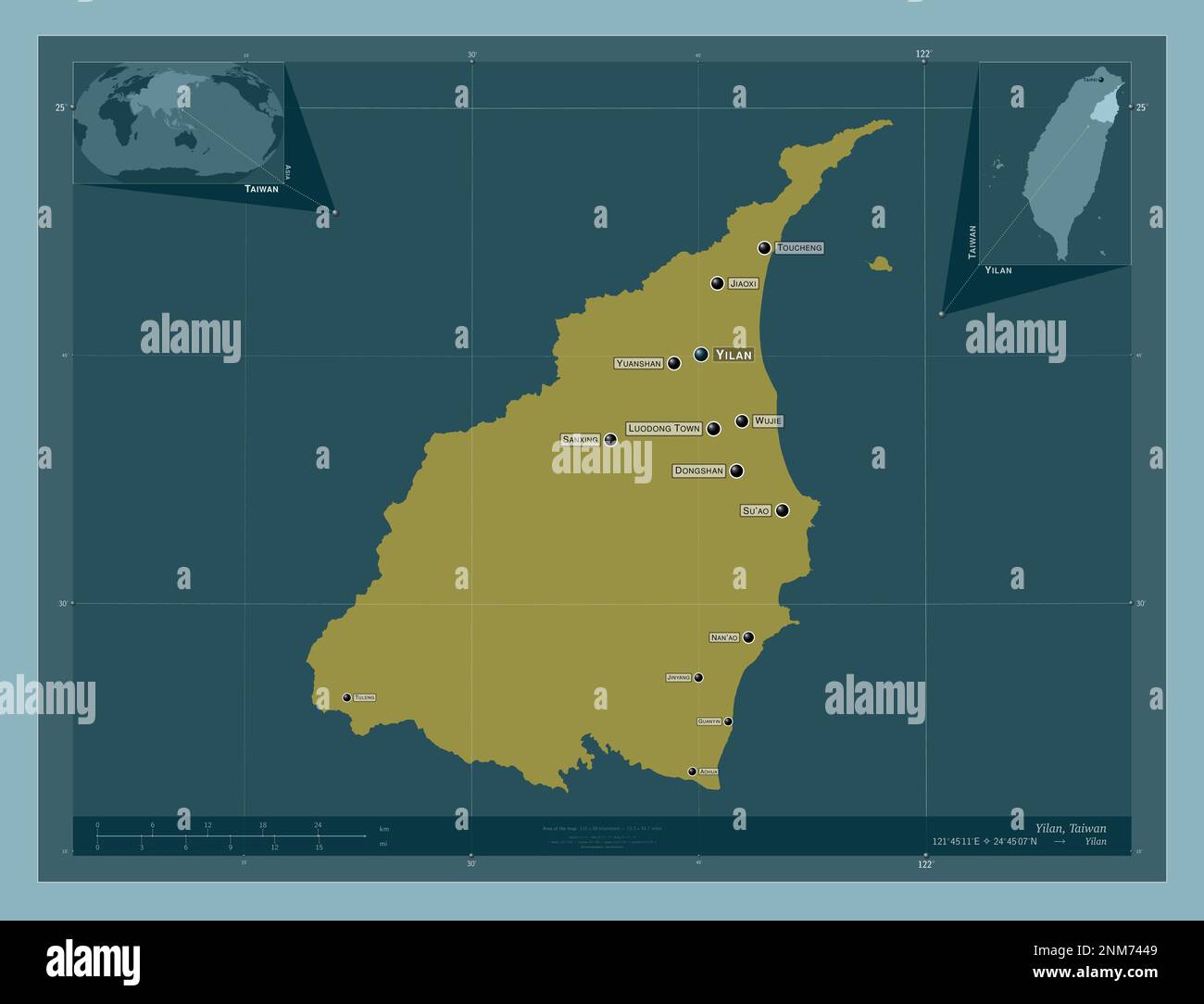 Yilan, county of Taiwan. Solid color shape. Locations and names of ...