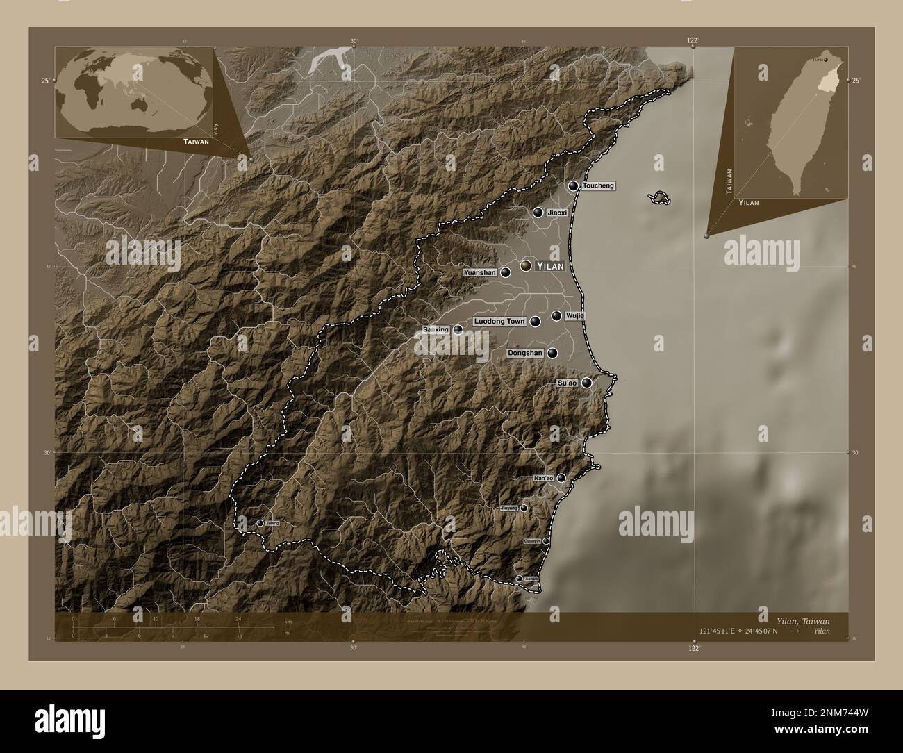 Yilan, county of Taiwan. Elevation map colored in sepia tones with ...