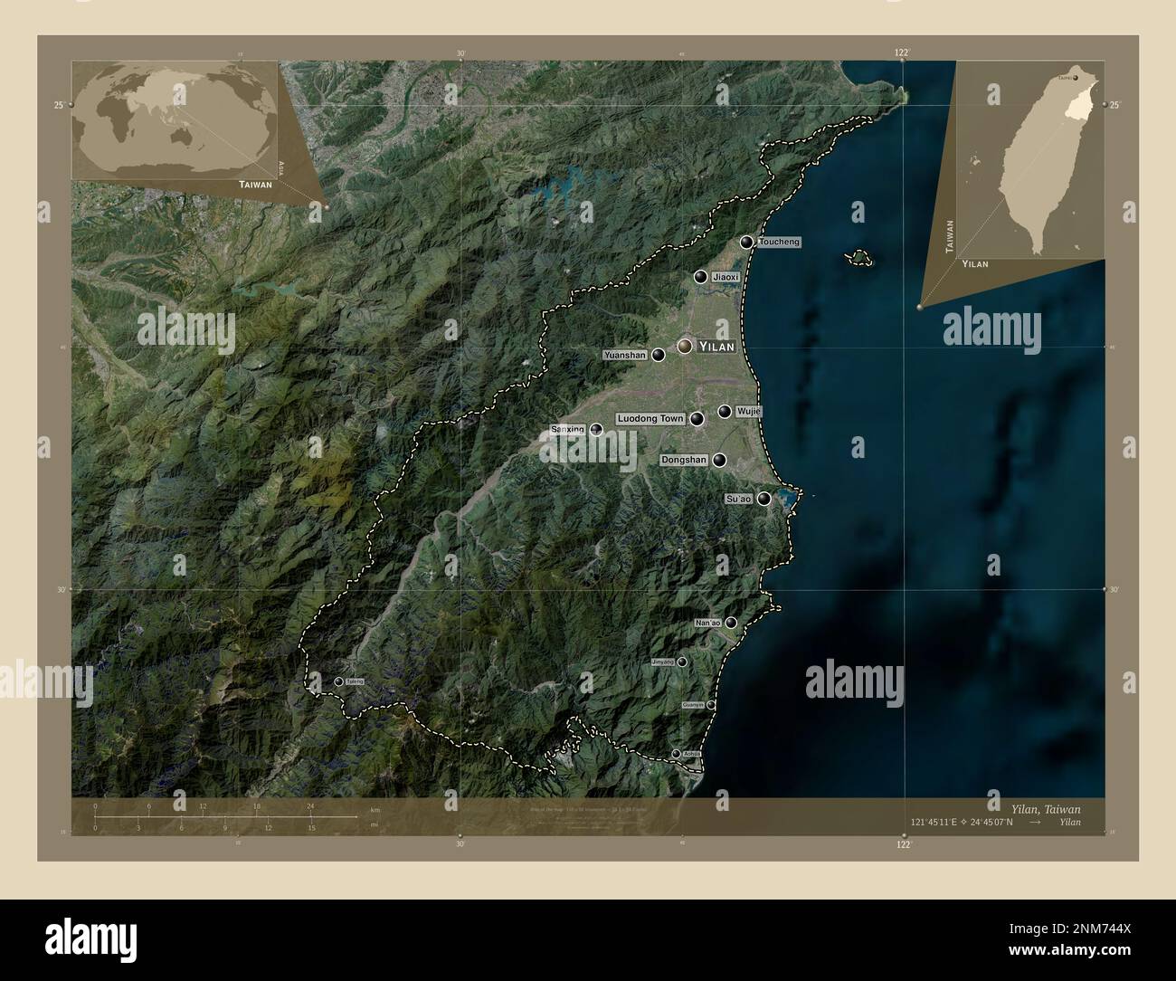 Yilan, county of Taiwan. High resolution satellite map. Locations and ...