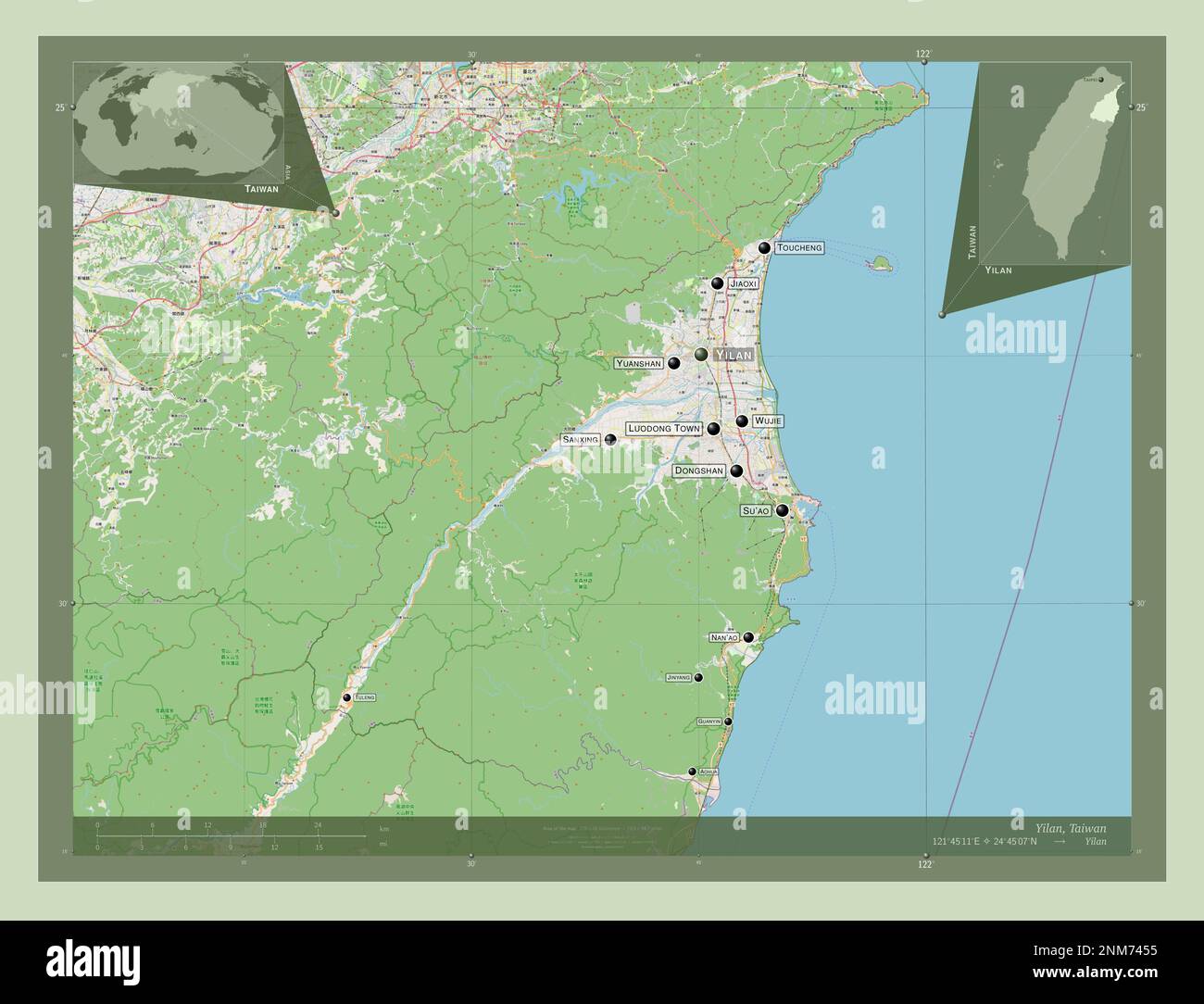 Yilan, county of Taiwan. Open Street Map. Locations and names of major ...