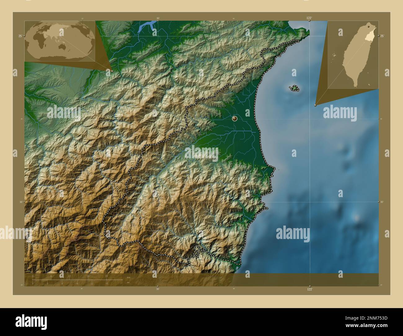 Yilan, county of Taiwan. Colored elevation map with lakes and rivers ...