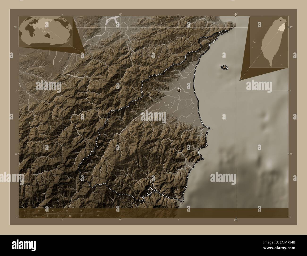 Yilan, county of Taiwan. Elevation map colored in sepia tones with ...