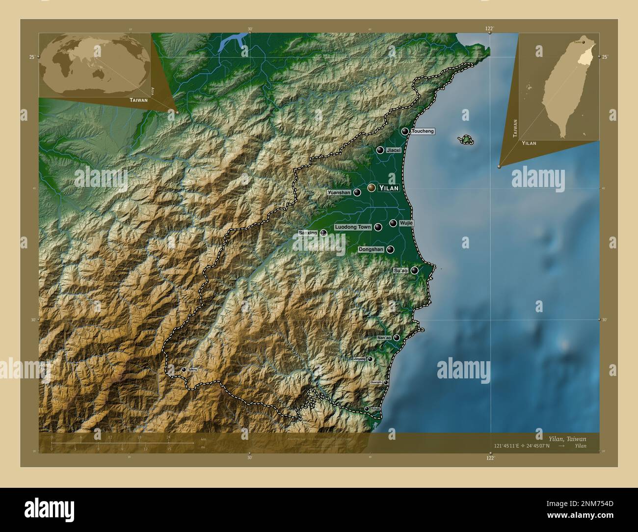 Yilan, county of Taiwan. Colored elevation map with lakes and rivers ...