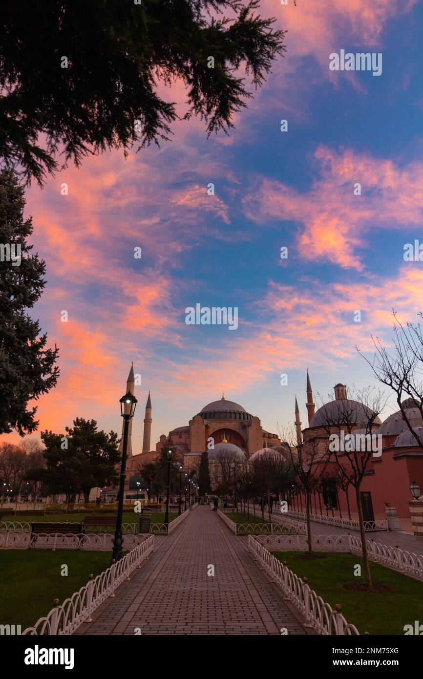 Ramadan or islamic vertical photo. Hagia Sophia and orange clouds at ...