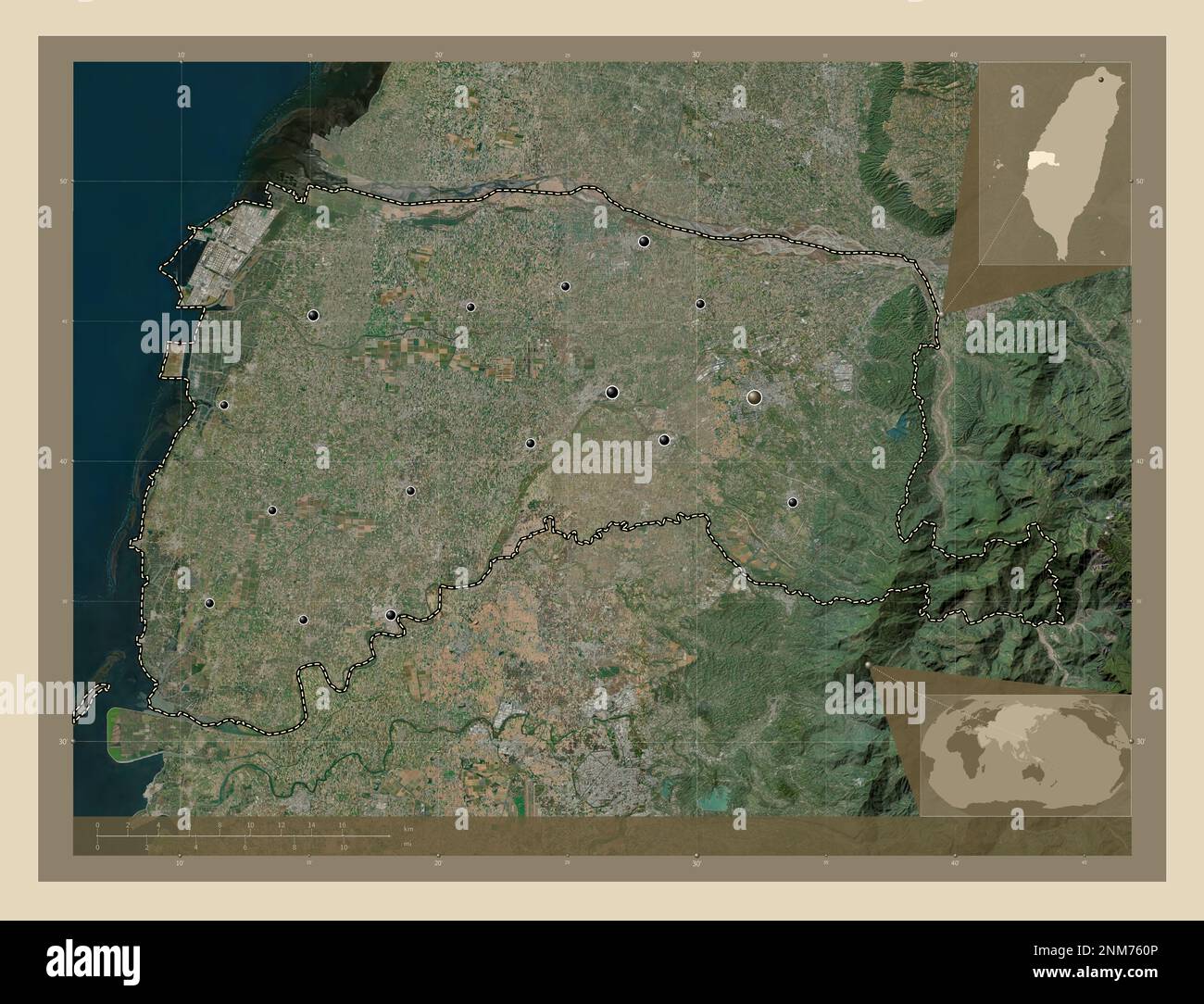 Yulin, county of Taiwan. High resolution satellite map. Locations of ...