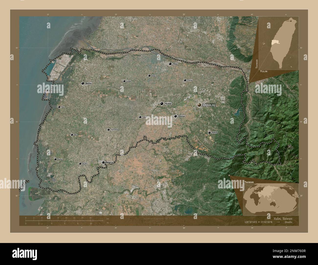 Yulin, county of Taiwan. Low resolution satellite map. Locations and ...