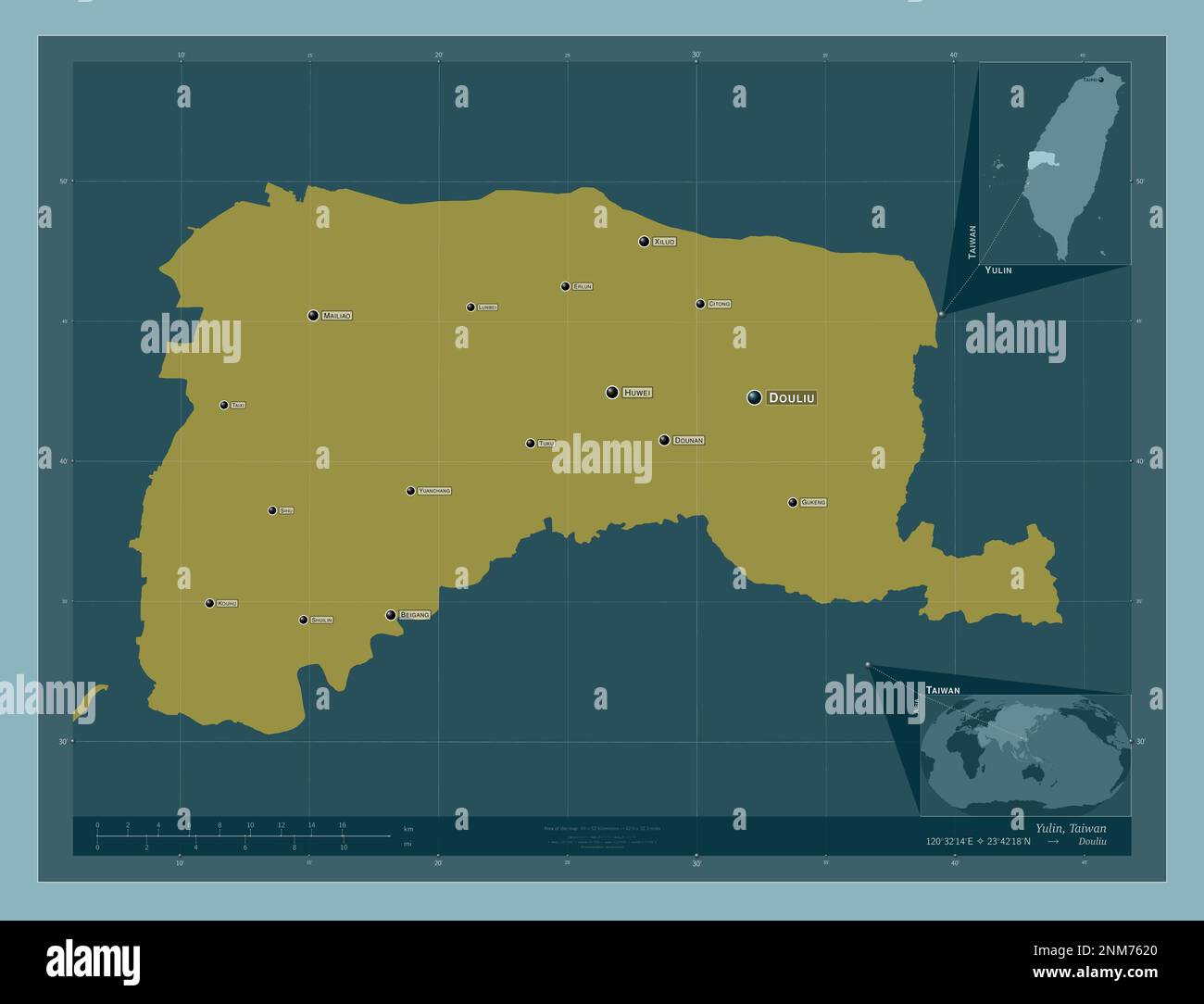 Yulin, county of Taiwan. Solid color shape. Locations and names of ...