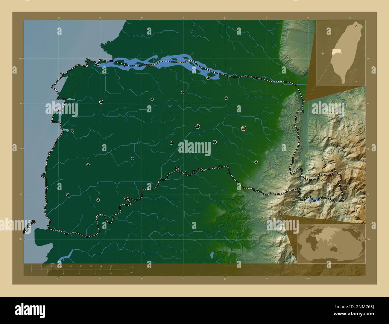 Yulin, county of Taiwan. Colored elevation map with lakes and rivers ...