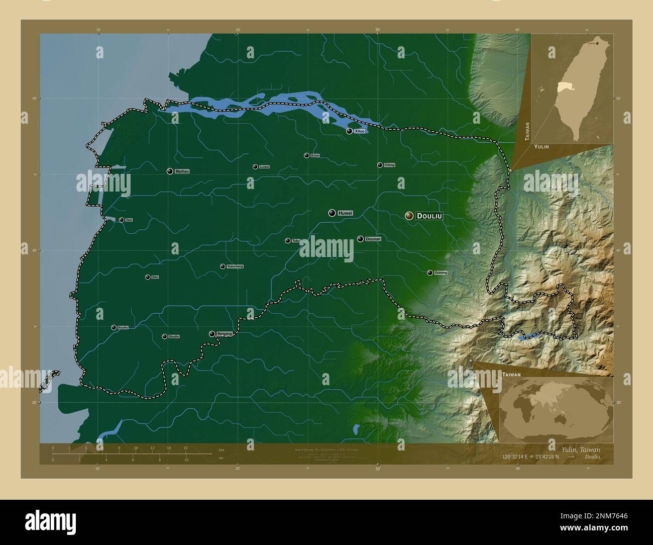 Yulin, county of Taiwan. Colored elevation map with lakes and rivers ...