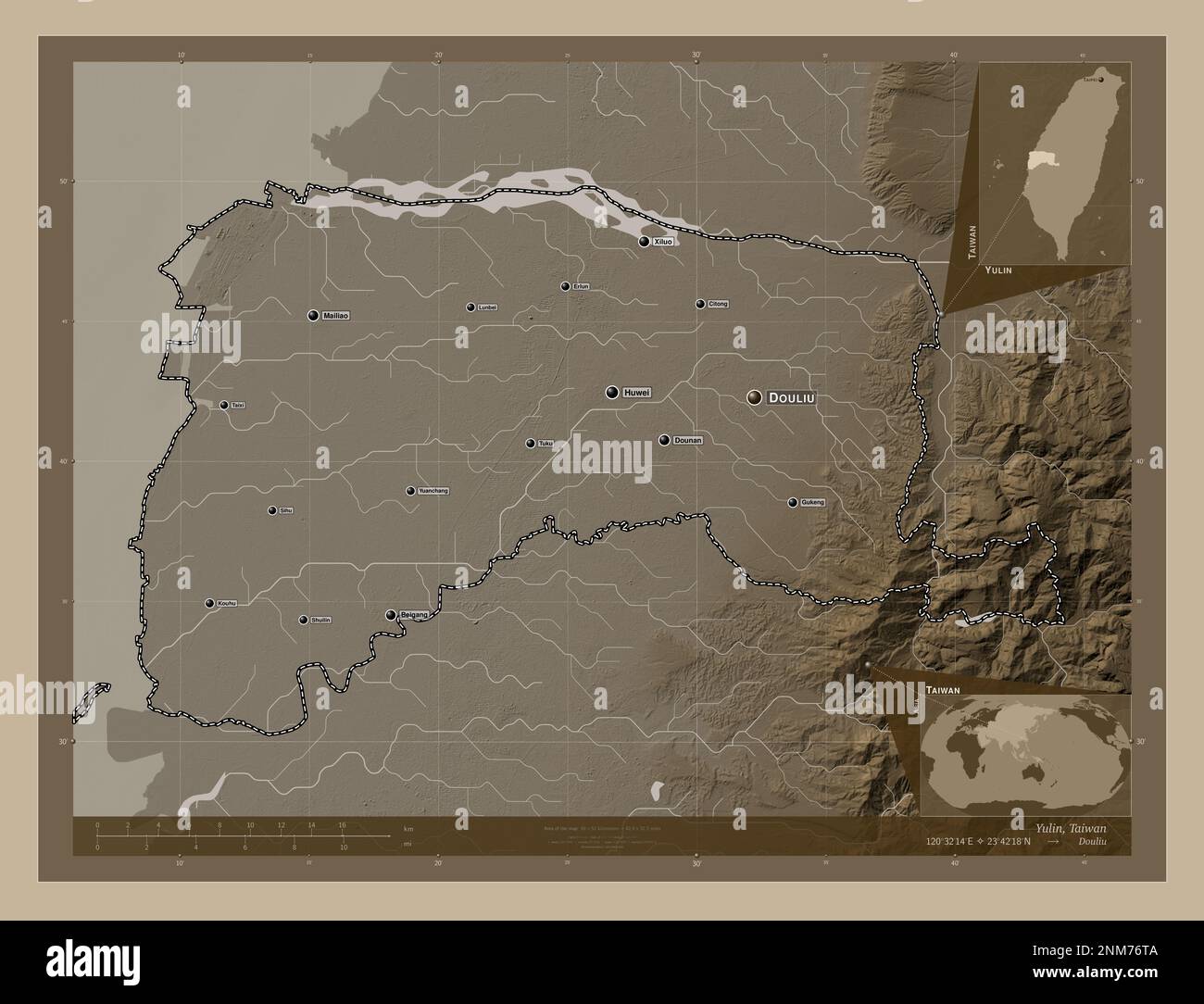Yulin, county of Taiwan. Elevation map colored in sepia tones with ...