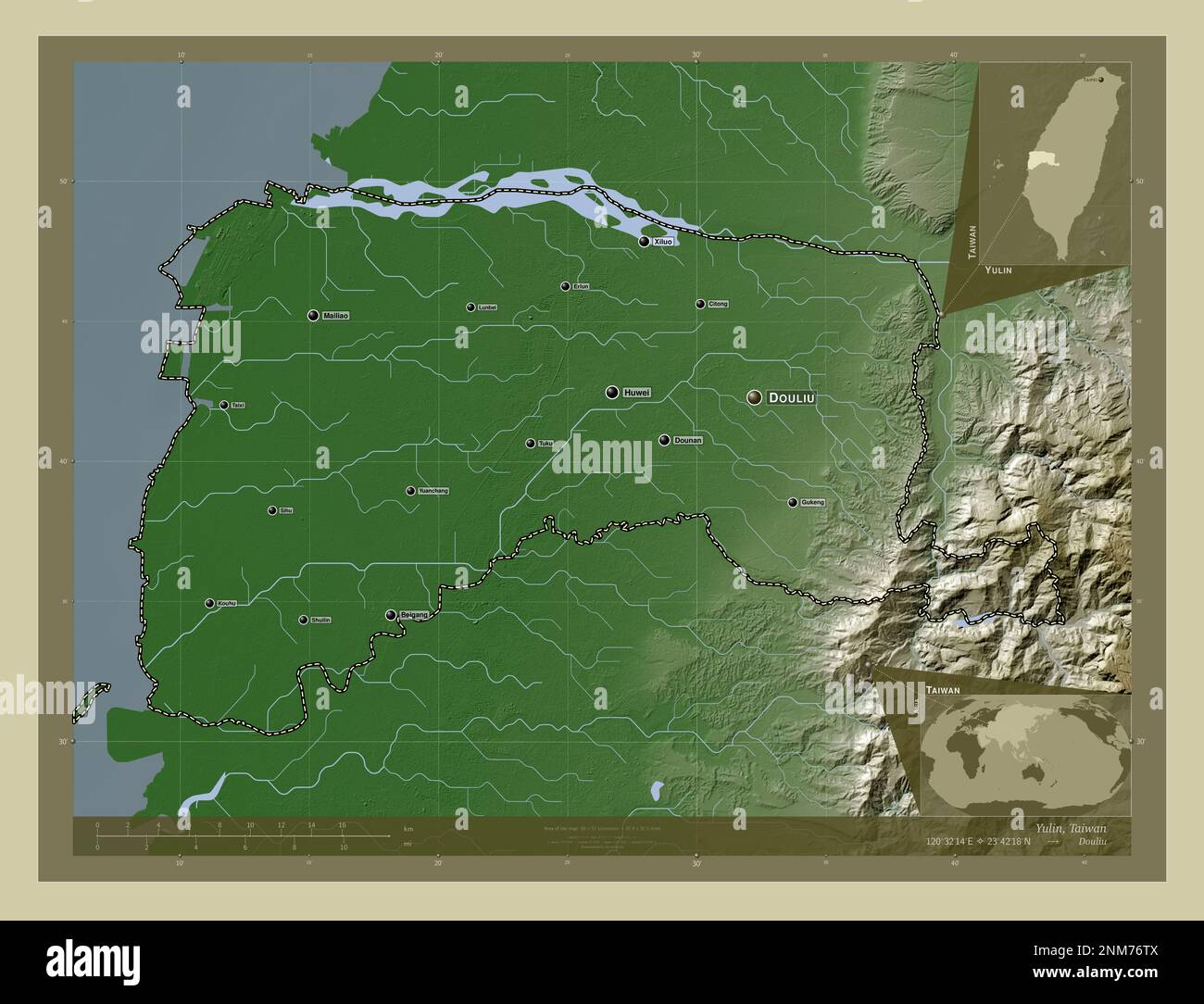 Yulin, county of Taiwan. Elevation map colored in wiki style with lakes ...