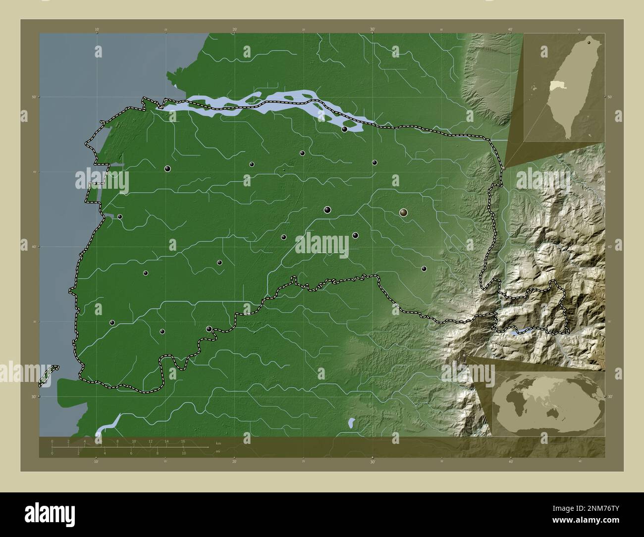 Yulin, county of Taiwan. Elevation map colored in wiki style with lakes ...