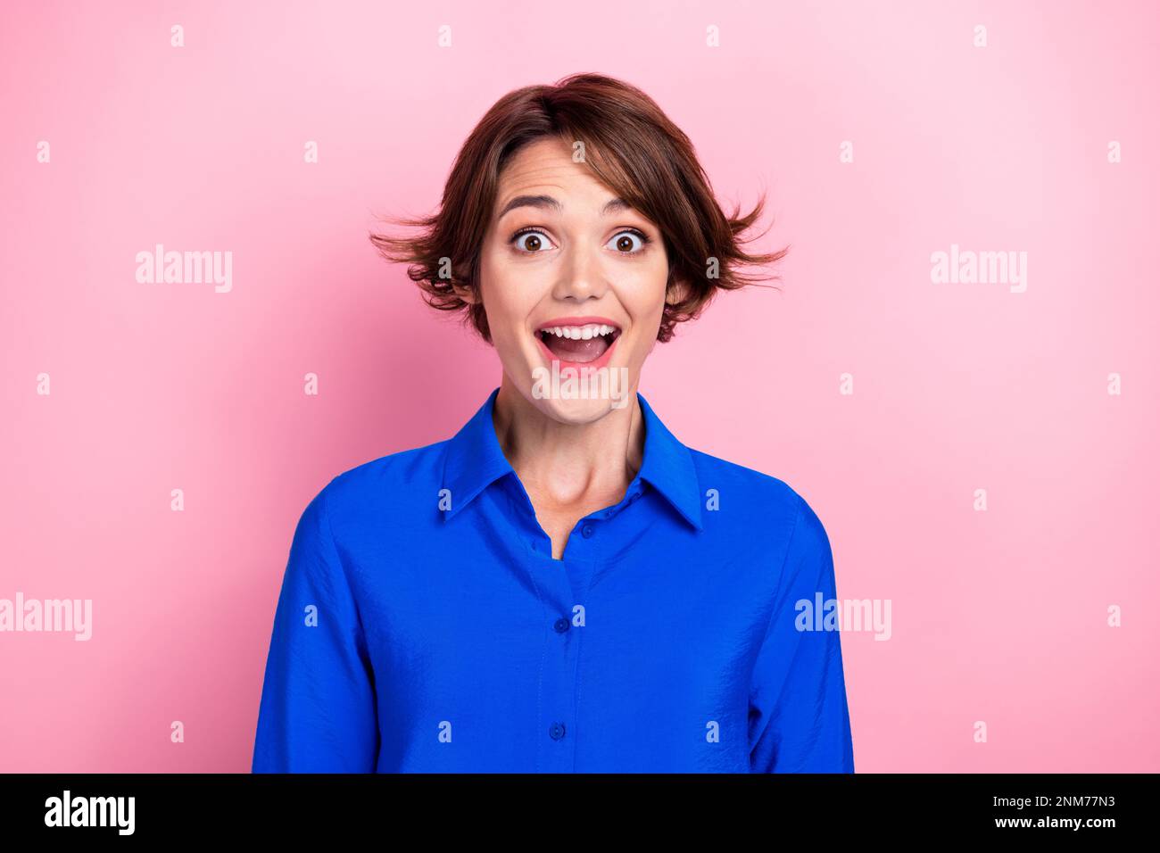 Photo of positive astonished person toothy smile open mouth cant ...