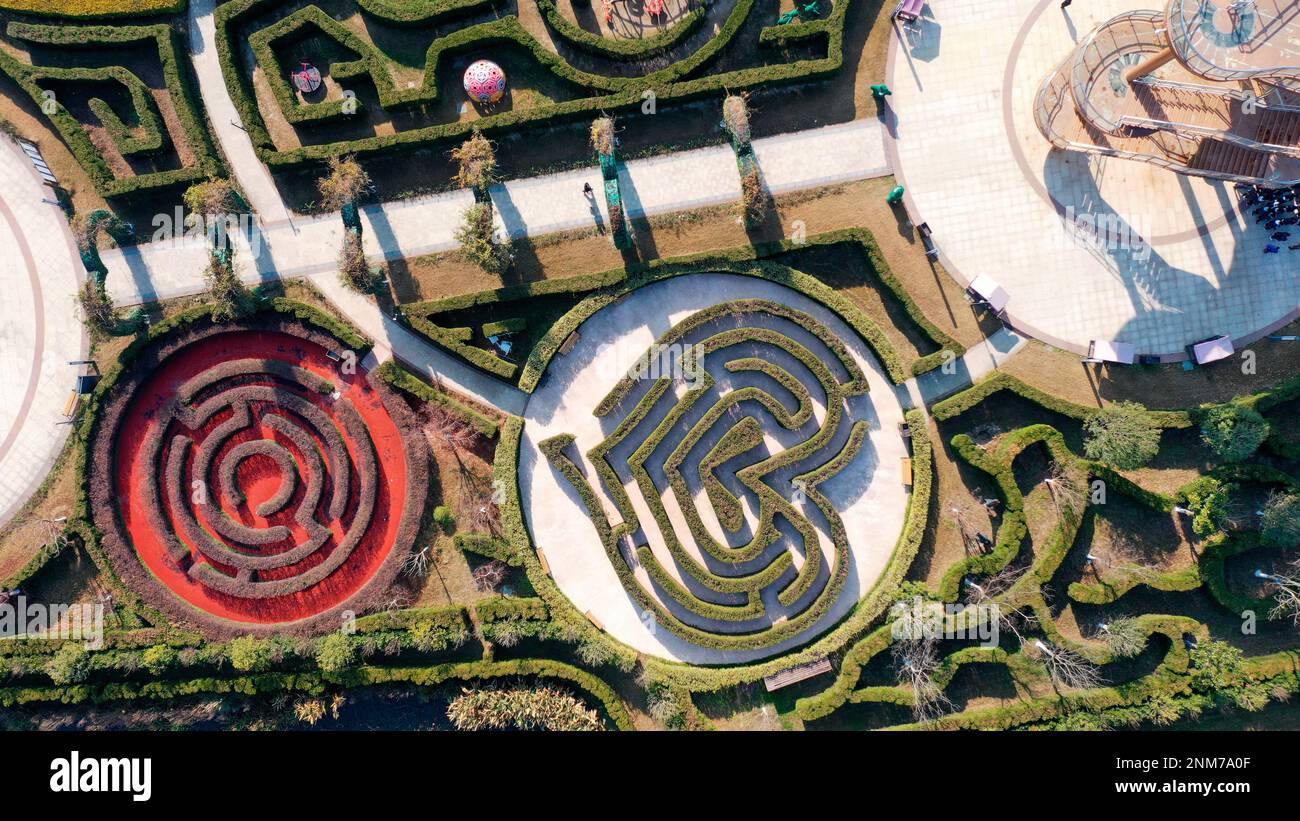 An aerial view of a theme park of mazes in Dafeng district of Yancheng ...
