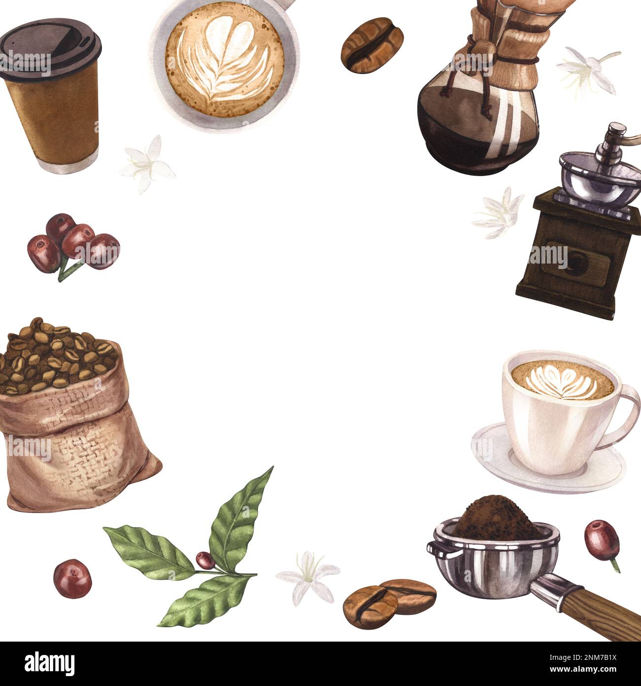Watercolor frame of coffee elements collection. Hand-drawn illustration ...