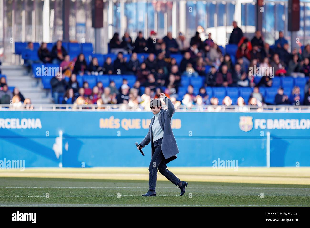 BARCELONA - FEB 6: Anna Andreu sings prior to the Primera Division ...