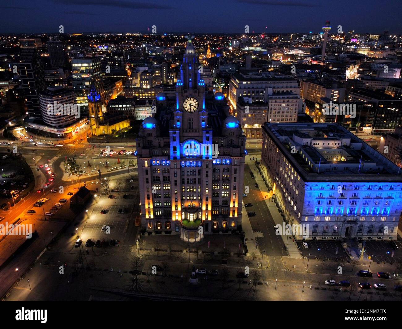The Royal Liverbuilding in Liverpool, is lit in Ukrainian colours to ...