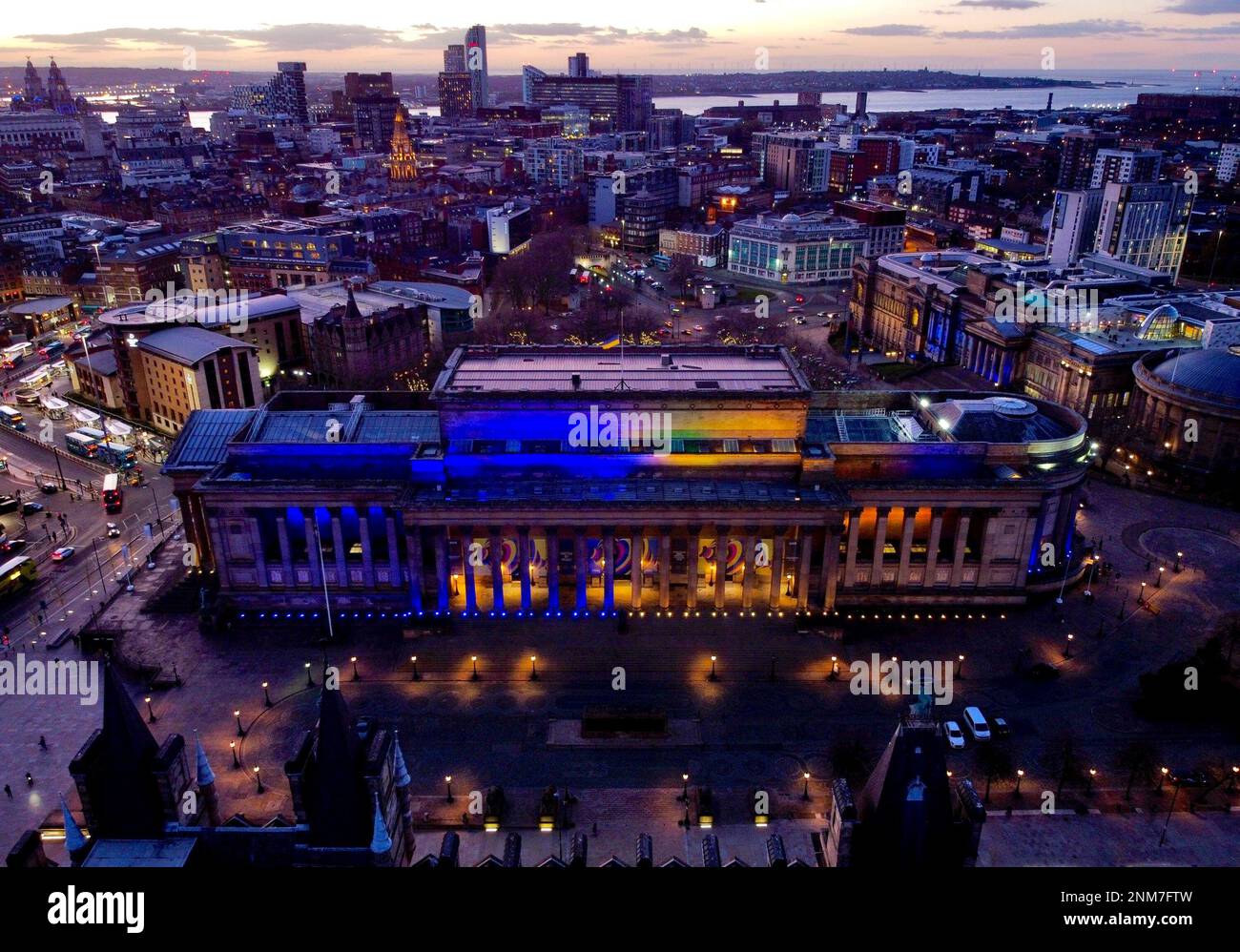St George's Hall, Liverpool, is lit in Ukrainian colours to mark the ...