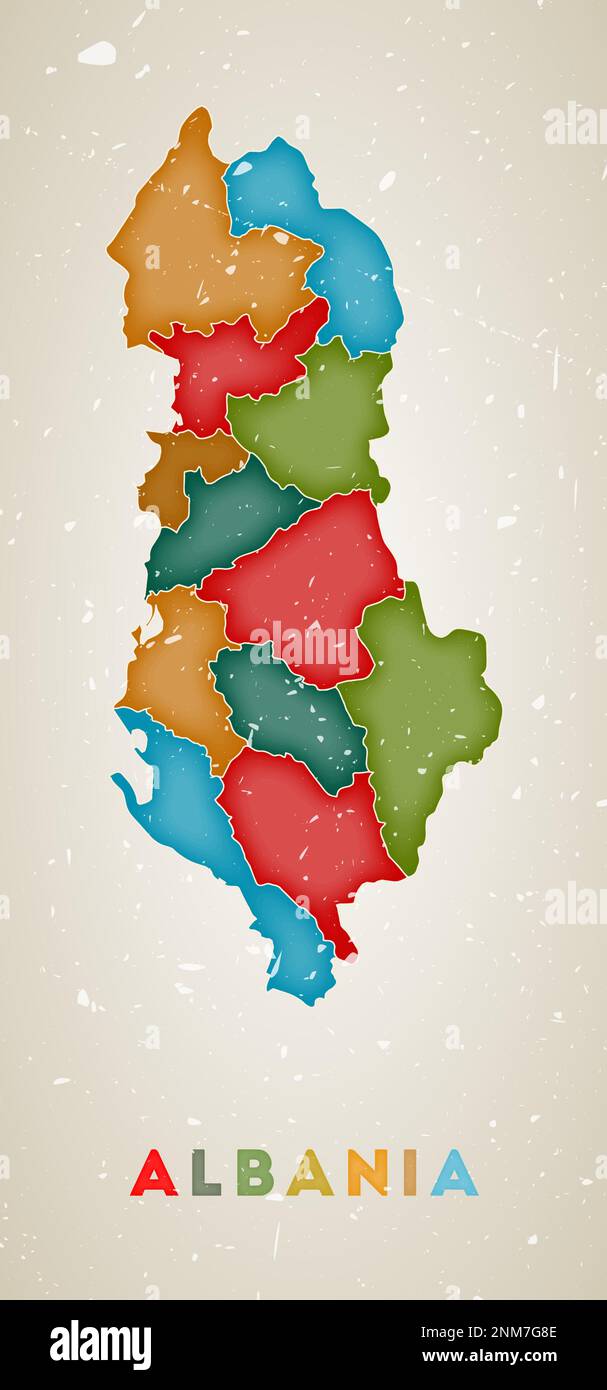Albania map. Country poster with colored regions. Old grunge texture ...