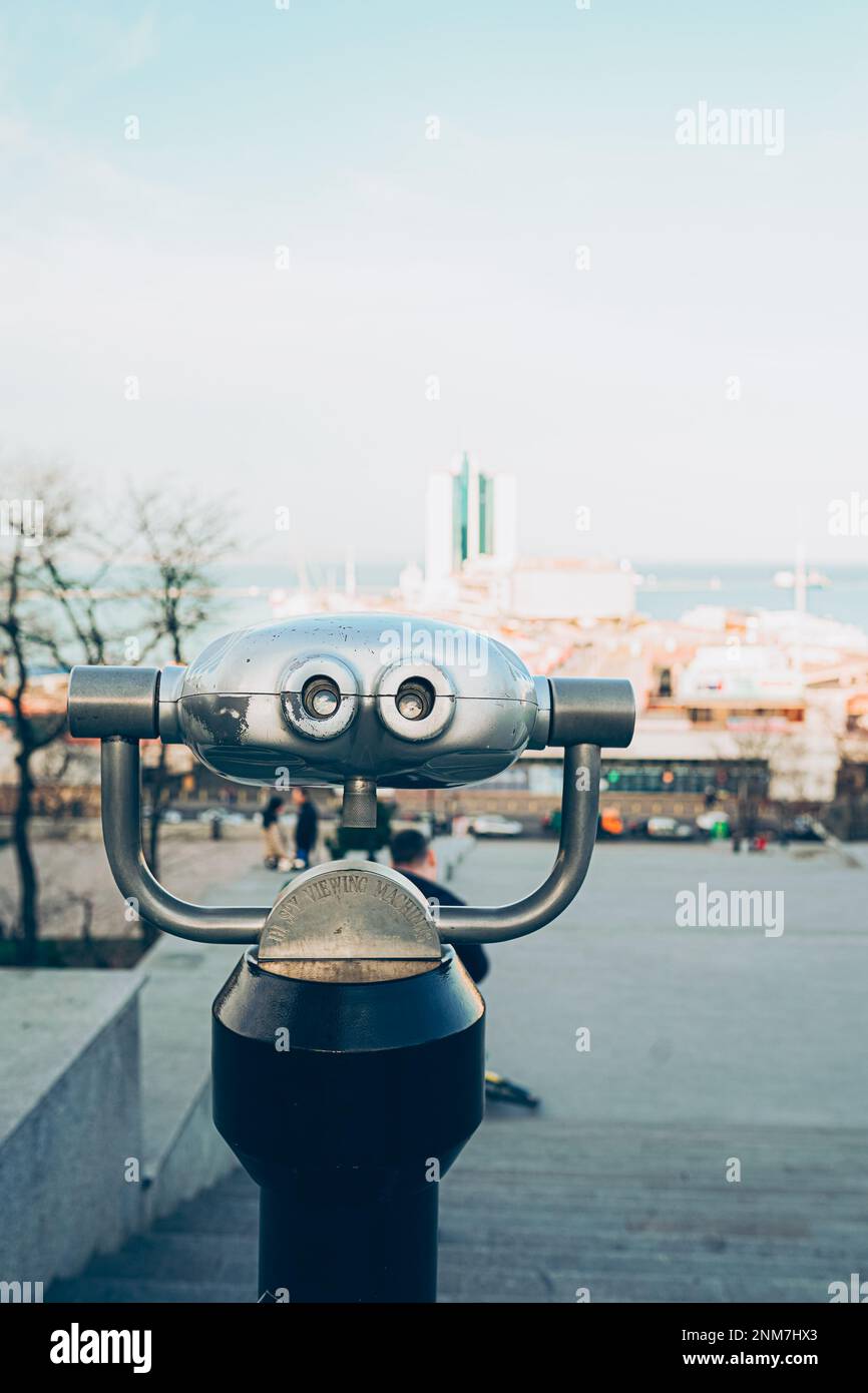 Touristic telescope look at the city with view of Odessa, Ukraine ...