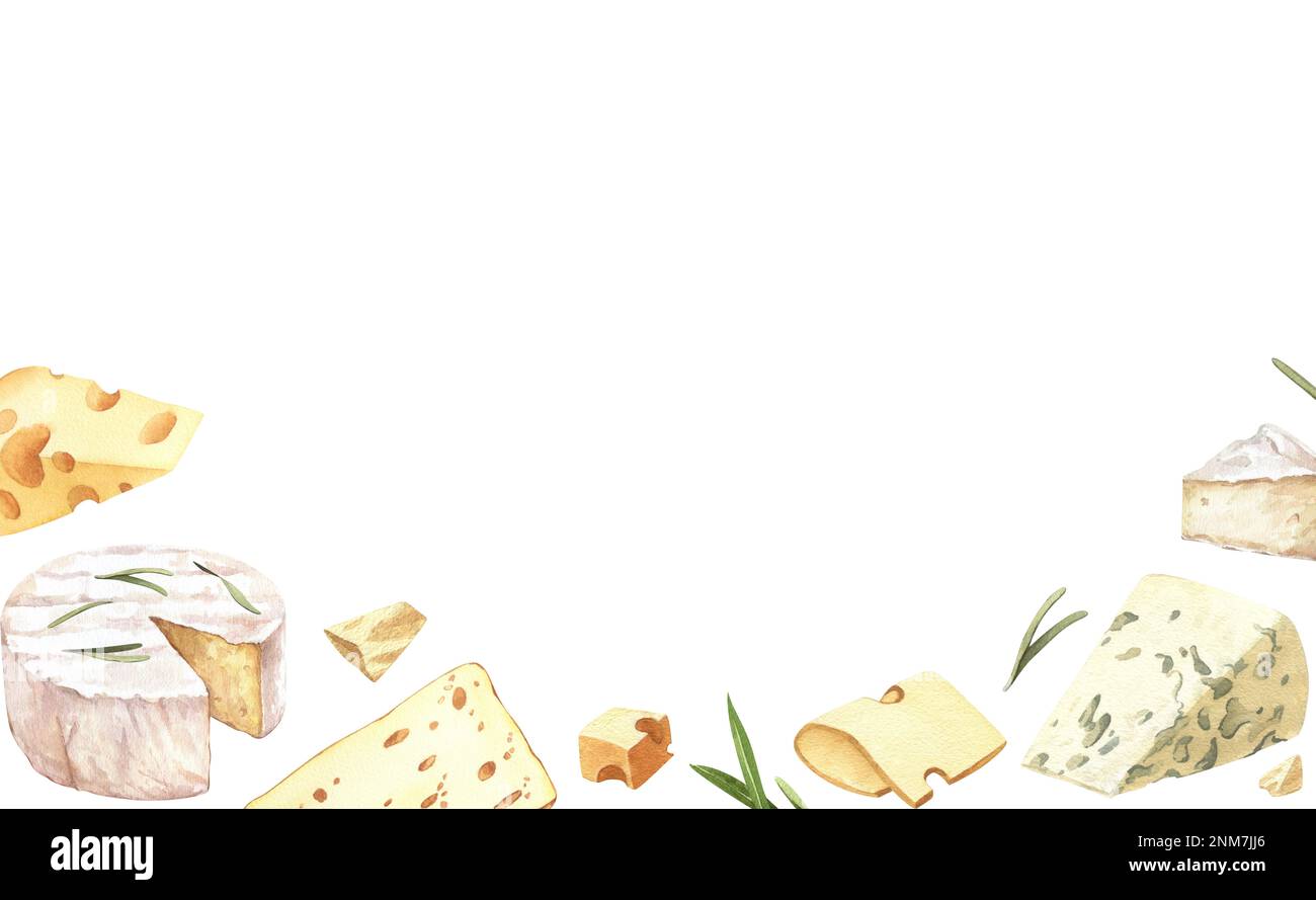 Watercolor different cheese frame template. Hand draw card background ...