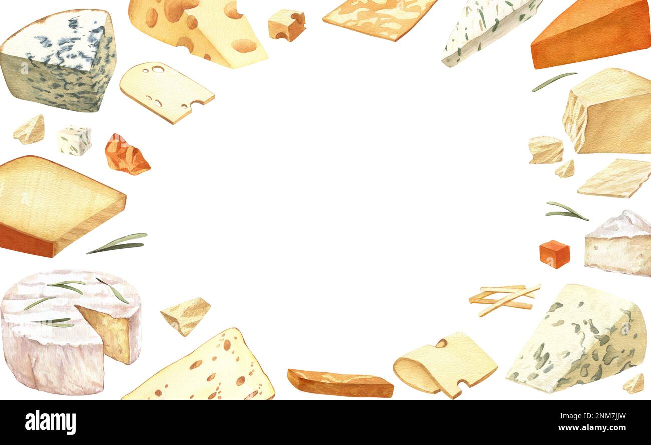 Watercolor different cheese frame template. Hand draw card background ...