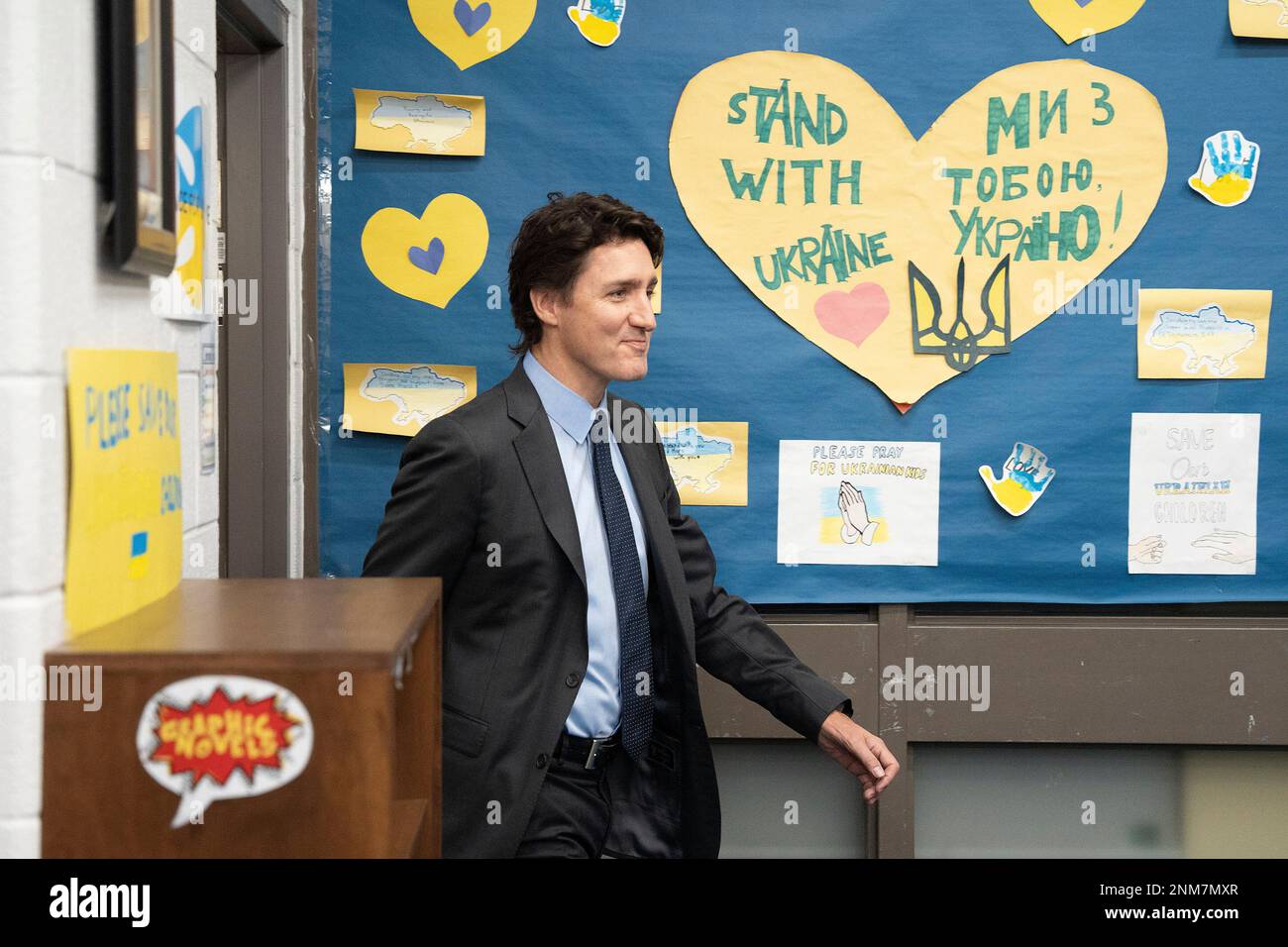 Prime Minister Justin Trudeau enters a classroom at St. Demetrius ...