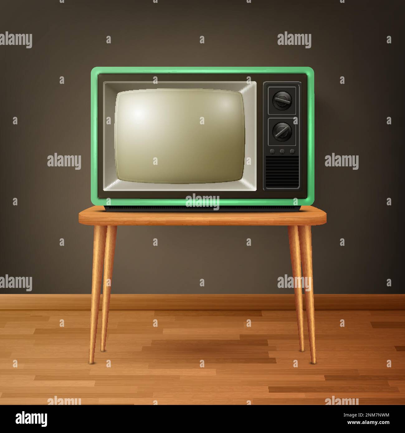 Vector 3d Realistic Retro TV Receiver on Wooden Floor. Home Interior ...