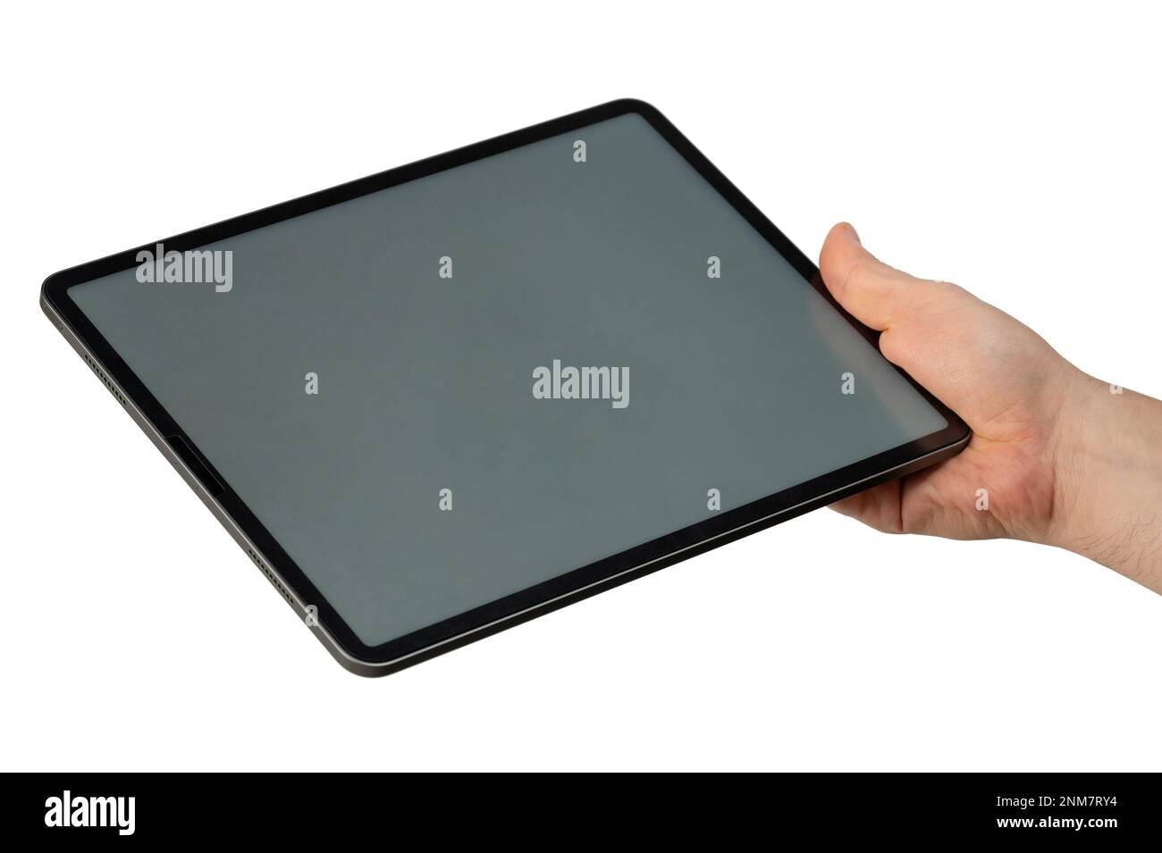 Hand hold tablet with empty screen perspective side view isolated Stock ...