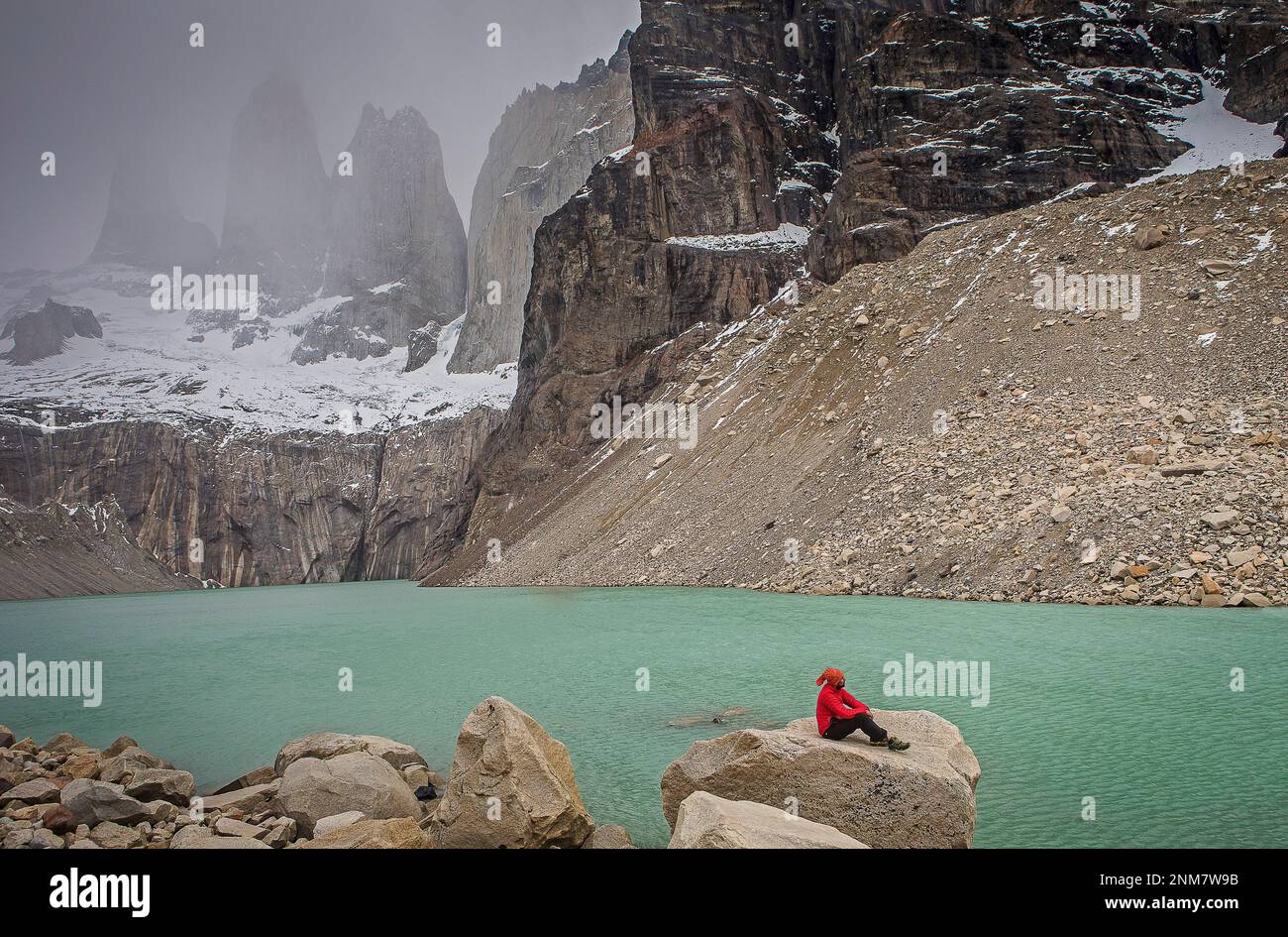 Man, Hiker, Mirador Base Las Torres. You can see the amazing Torres del ...