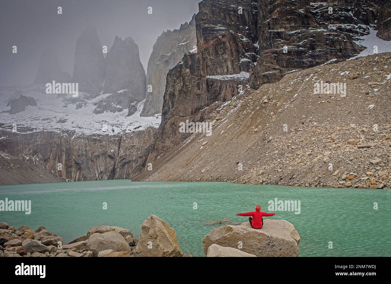 Man, Hiker, Mirador Base Las Torres. You can see the amazing Torres del ...