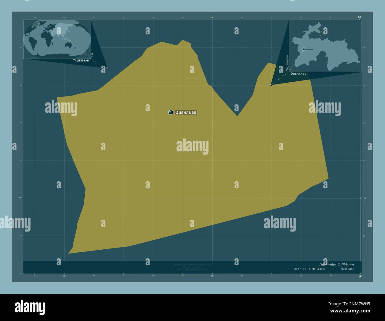Dushanbe, region of Tajikistan. Solid color shape. Locations and names ...