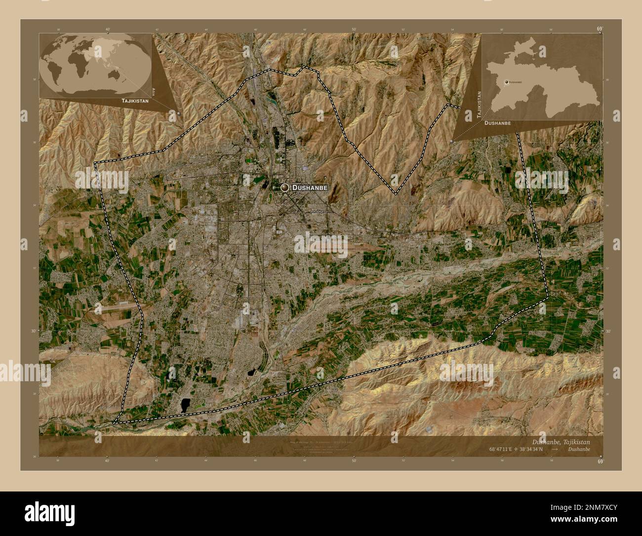 Dushanbe, region of Tajikistan. Low resolution satellite map. Locations ...