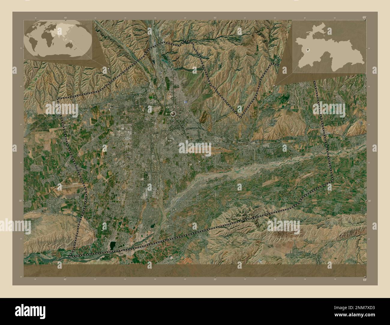 Dushanbe, region of Tajikistan. High resolution satellite map. Corner ...