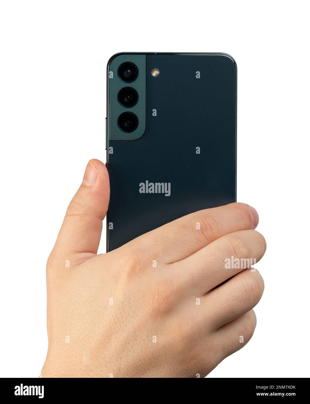 Green smartphone with tripple camera rear view isolated on white studio ...