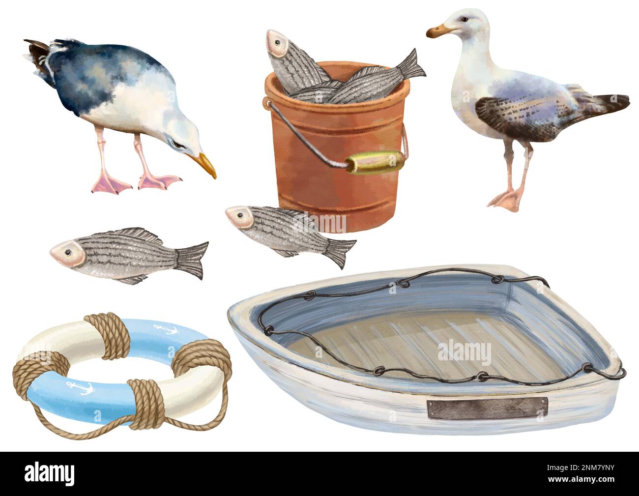 Drawing of seagulls with fish and boat on a white background. High ...